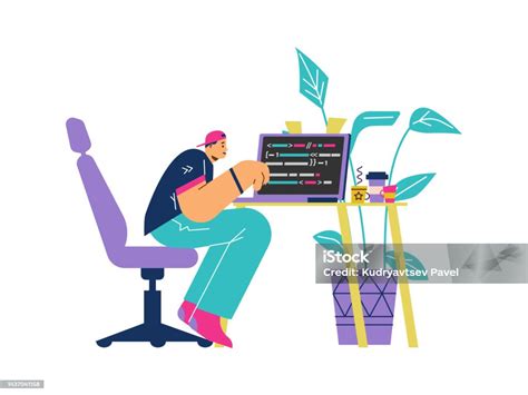 Young Man Programming And Coding Software Flat Vector Illustration