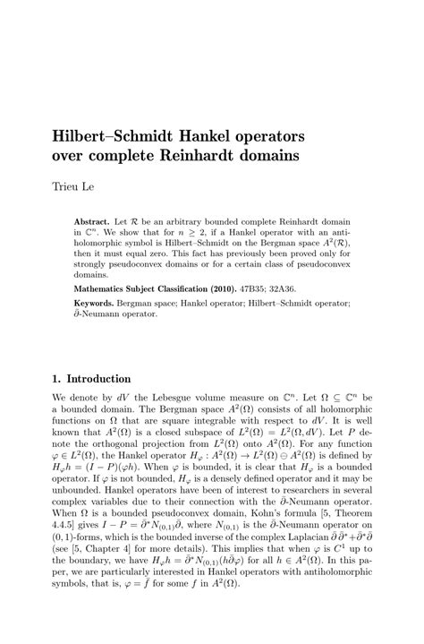 Pdf Hilbert Schmidt Hankel Operators Over Complete Reinhardt Domains