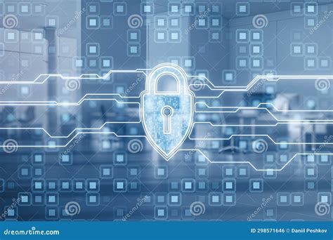 Creative Web Protection Sign With Binary Coding Lines On Blurry Office