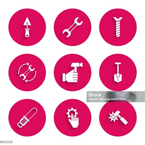 해머 손의 설정 삽 전기 톱 렌치 화살표를 워크플로우 메탈릭 나사 및 트로엘 아이콘으로 설정합니다 벡터 렌치에 대한 스톡 벡터 아트 및 기타 이미지 Istock
