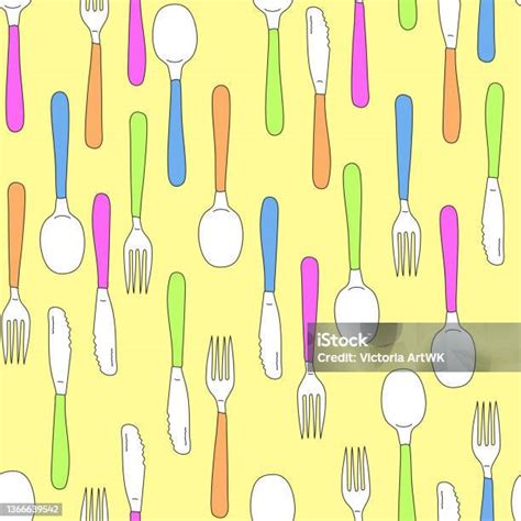 노란색 배경에 낙서 스타일 핑크 시안 오렌지와 밝은 녹색에 그려진 매끄러운 패턴 칼 포크와 숟가락 가정 주방에 대한 스톡 벡터 아트 및 기타 이미지 Istock