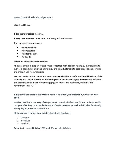 ECON1 Group Assignment Week One Individual Assignments Class ECON 1160 1 List The Four