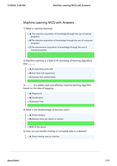 SOLUTION: Machine learning mcq with answers - Voortgezette ...