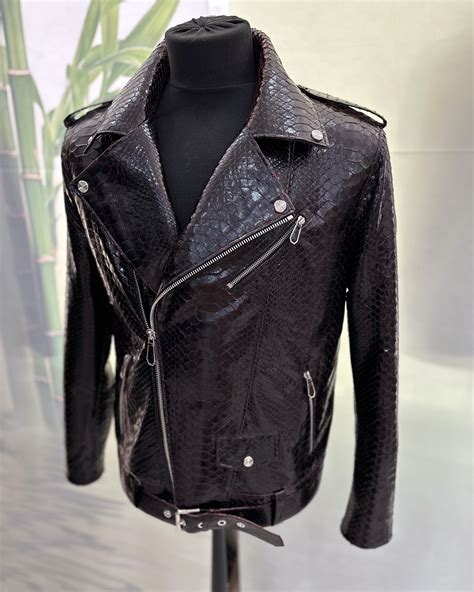 Black Red Python Leather Biker Jacket Leather Guys