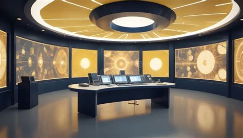 A Futuristic Control Room With A Large Desk And Multiple Computer Monitors Displaying Data And