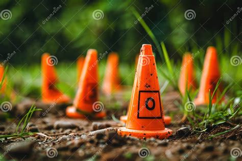 Orange Cones With Numbers Marking A Competition Course Ground Contest