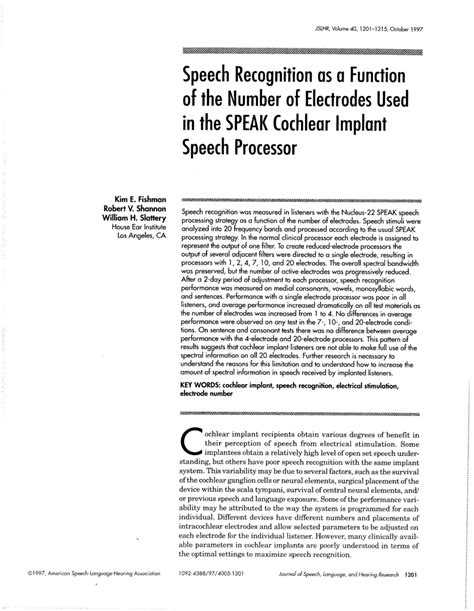 Pdf Speech Recognition As A Function Of The Number Of Electrodes Used In The Speak Cochlear