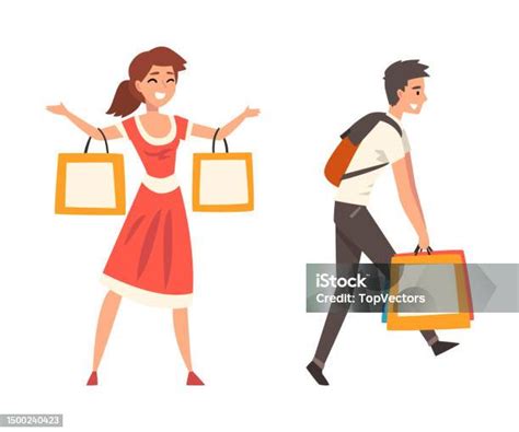행복한 남자와 여자 캐릭터는 구매 벡터 세트로 쇼핑을 하는 가방을 들고 있다 가방에 대한 스톡 벡터 아트 및 기타 이미지