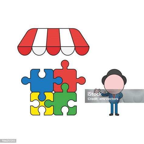상점 지붕 아래 네 개의 연결된 직소 퍼즐 조각사업가 캐릭터의 벡터 그림 색상 및 검은색 윤곽선 개념에 대한 스톡 벡터 아트 및 기타 이미지 Istock