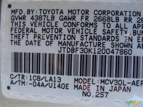 2002 Camry Color Code 1c8 For Lunar Mist Metallic Photo 40740943