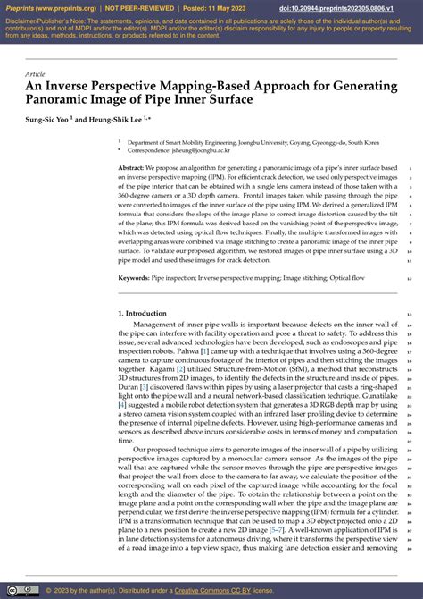 Pdf An Inverse Perspective Mapping Based Approach For Generating Panoramic Image Of Pipe Inner