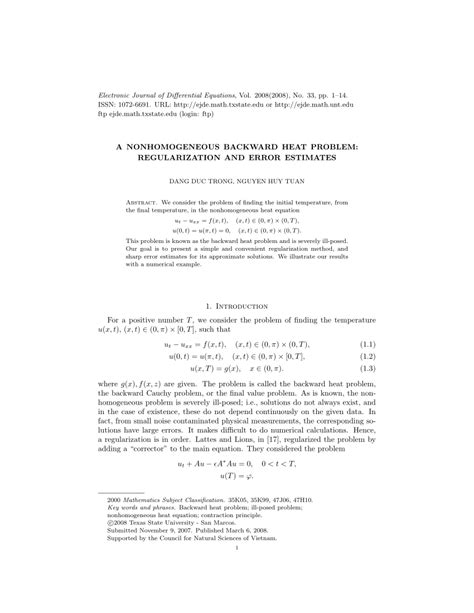 Pdf A Nonhomogeneous Backward Heat Problem Regularization And Error Estimates