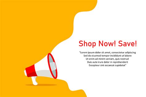 지금 쇼핑하기 메가폰이 있는 배너 지금 쇼핑하기 말풍선 배너 소매 쇼핑 온라인 마케팅 템플릿 배너 포스터 및 배경에 대 한 벡터 그림 개념에 대한 스톡 벡터 아트 및 기타