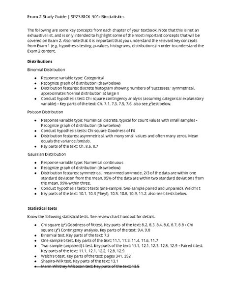Exam2 Study Guide Summary Biostatistics Exam 2 Study Guide SP23 BIOL 301 Biostatistics