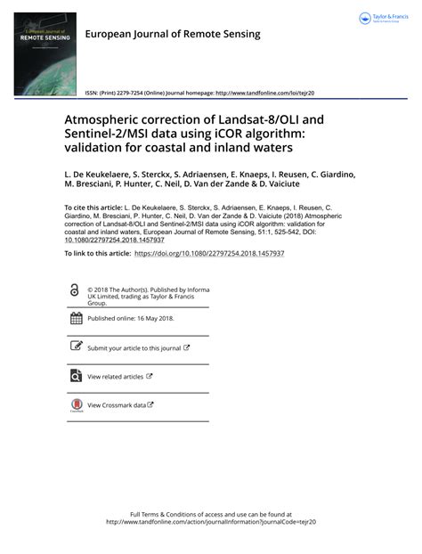 Pdf Atmospheric Correction Of Landsat 8oli And Sentinel 2msi Data Using Icor Algorithm