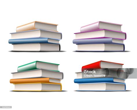 다채로운 책의 스택세트 흰색에 고립 된 다양한 색상을 책 3차원 형태에 대한 스톡 벡터 아트 및 기타 이미지 3차원 형태