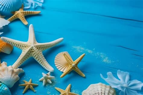 Premium Ai Image Summer Background Seashells And Stars Border On Sand Neural Network Ai Generated