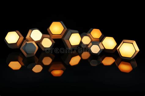 A 3d Floating Geometric Structure Of Glowing Hexagons And Spheres Casting Soft Reflections In A