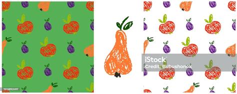 왁스 크레용으로 그림을 설정하십시오 천 디자인 섬유 직물 벽지 포장지 인쇄 0명에 대한 스톡 벡터 아트 및 기타 이미지 0명 과일 그래픽 프린트 Istock