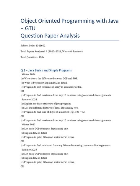 Gtu Java 4341602 Question Paper Analysis Pdf Constructor Object Oriented Programming