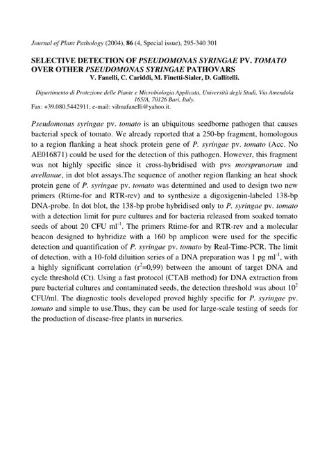 Pdf Selective Detection Of Pseudomonas Syringae Pv Tomato Over Other Pseudomonas Syringae