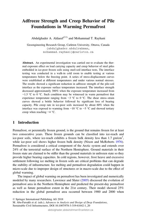 Pdf Adfreeze Strength And Creep Behavior Of Pile Foundations In