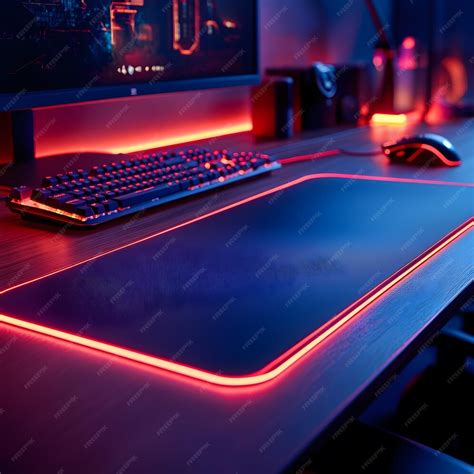 Futuristic Gaming Desk With Rgb Lighting And Keyboard Setup Premium