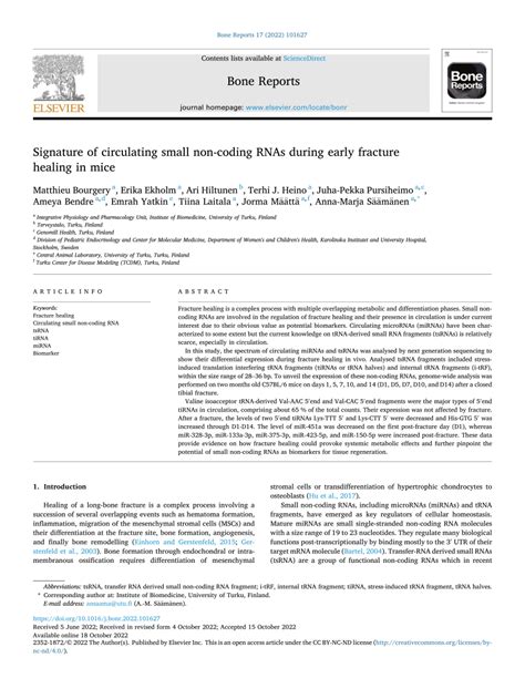 Pdf Signature Of Circulating Small Non Coding Rnas During Early Fracture Healing In Mice