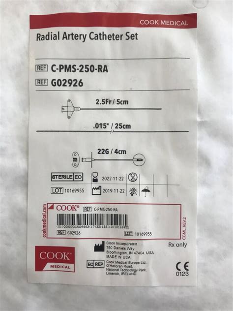 New Cook G02926 Radial Artery Catheter Set 25f5cm X Disposables