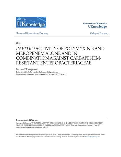 Pdf In Vitro Activity Of Polymyxin B And Meropenem Alone And In Combination Against Carbapenem