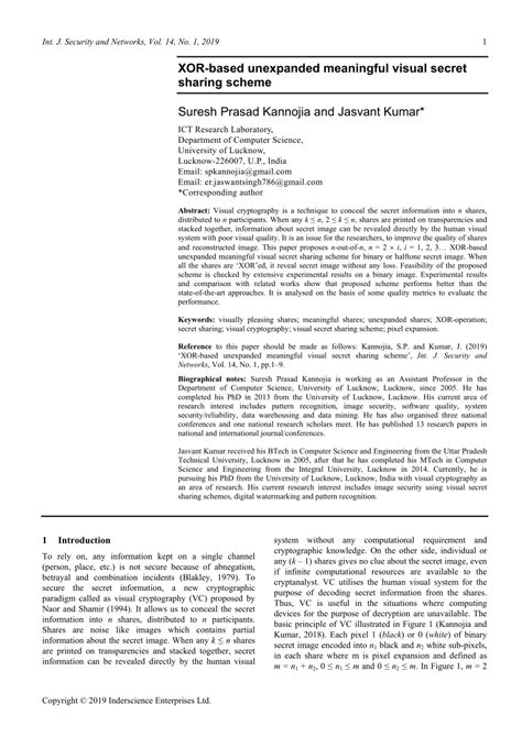 Pdf Xor Based Unexpanded Meaningful Visual Secret Sharing Scheme