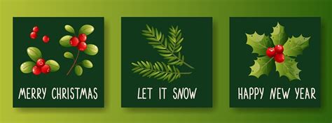 크리스마스 사각형 카드 세트 전나무 가지와 새해 복 많이 받으세요 Lingonberry 홀리와 홀리 녹색 잎과 빨간 열매와 비문 크리스마스와 새해를 축하합니다 12월에 대한