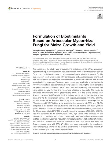 (PDF) Formulation of Biostimulants Based on Arbuscular Mycorrhizal Fungi for Maize Growth and Yield