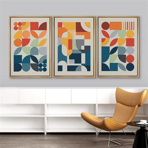 Idea4wall Abstract Vibrant Color Blocks Orange Blue Mid Century Modern Pictures Canvas 3 Pieces