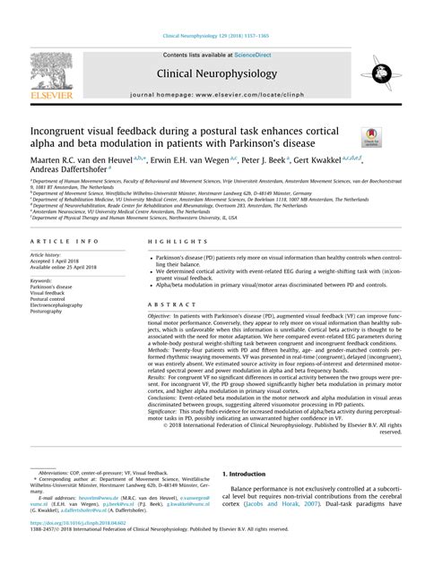 Pdf Incongruent Visual Feedback During A Postural Task Enhances Cortical Alpha And Beta