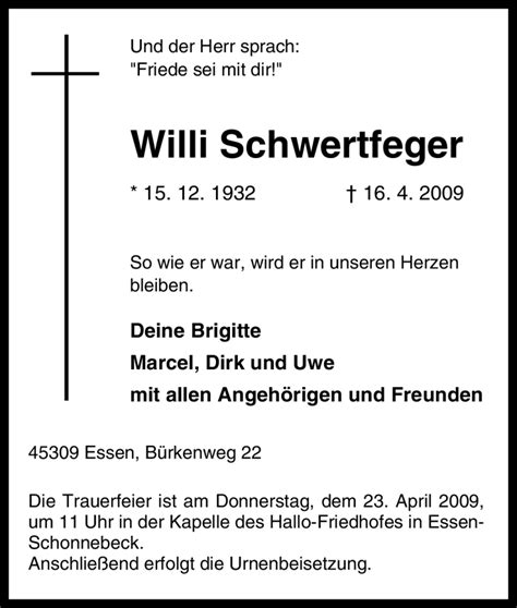 Traueranzeigen Von Willi Schwertfeger Trauer In Nrwde