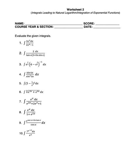 Solved Worksheet Integrals Leading To Natural Chegg