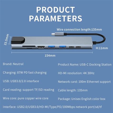 8 в 1 USB C Hub Type C 3,1 до 4K HD адаптер с RJ45 SD/TF Card Reader PD ...