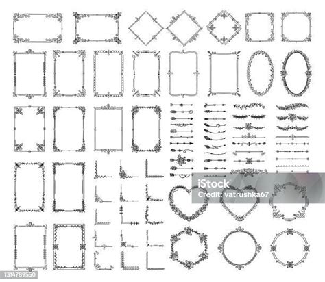 장식 요소 빈티지 꽃 테두리 프레임 칸막이 모서리 화살표 소용돌이 꽃 잎과 우아한 프레임 손으로 그린 장식 벡터 세트 프레임에