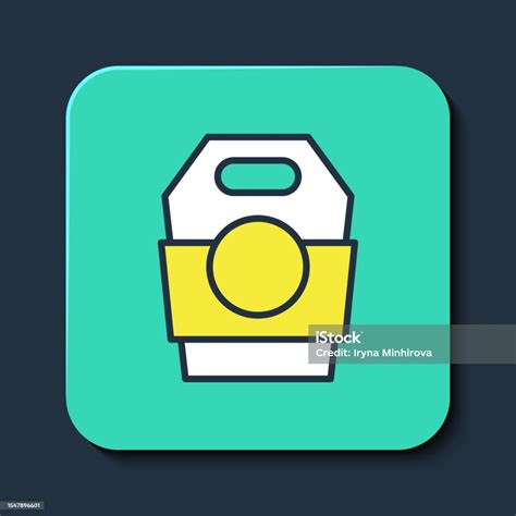 파란색 배경에 분리된 종이 상자 아이콘에 채워진 윤곽선 아시아 국수 길거리 패스트 푸드 한국 일본 중국 음식 청록색 사각형 버튼