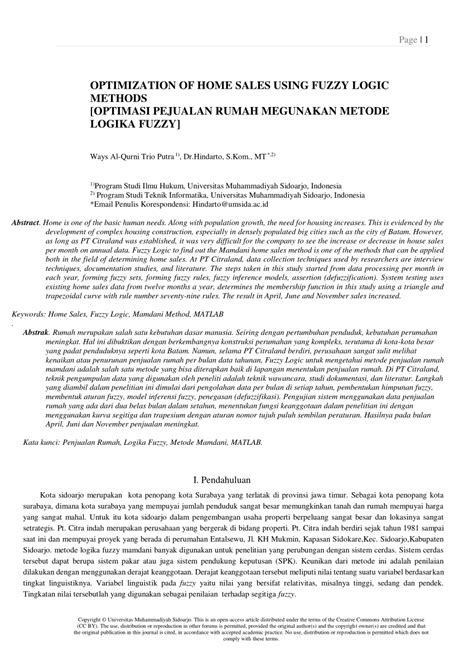 Pdf Home Sales Optimization Using Fuzzy Logic Methods Optimasi Pejualan Rumah Megunakan