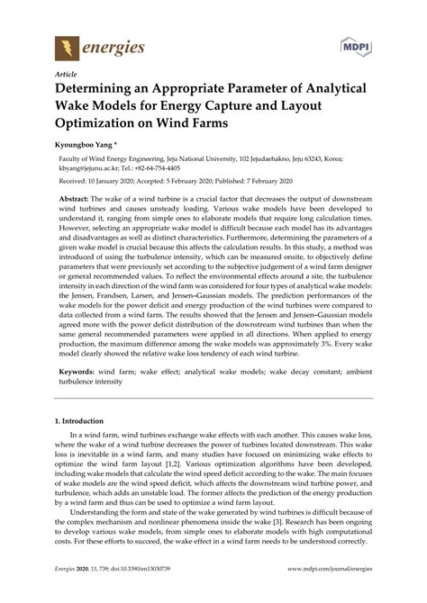 Pdf Determining An Appropriate Parameter Of Analytical Wake Models For Energy Capture And
