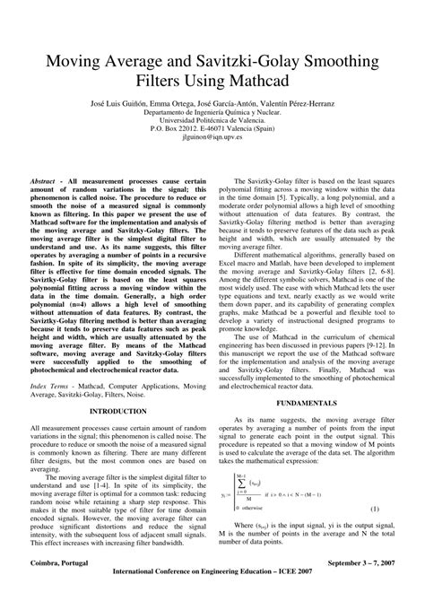 pdf moving average and savitzki golay smoothing filters using mathcad
