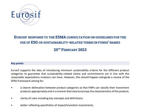 Eurosif Response To The Esma Consultation On Guidelines For The Use Of Esg Or Sustainability