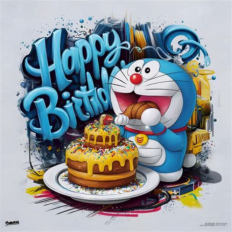 Premium Photo Happy Birthday Greeting Card With Doraemon Illustration