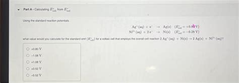 Solved Part A Calculating Ecell ∘ From Ered ∘ Using The