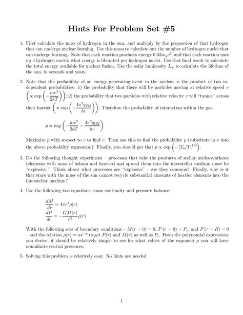 Hints For Problem Set 5 Introduction To Astrophysics I Astr 2110 Docsity