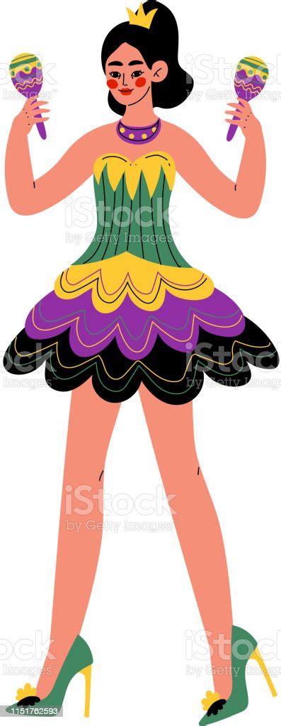 밝은 전통 마디 그 라 의상과 마스크를 입고 아름 다운 젊은 여 자가 여자는 마라 카스 벡터 일러스트와 함께 카니발 파티를 축 하 마라카스에 대한 스톡 벡터 아트 및 기타