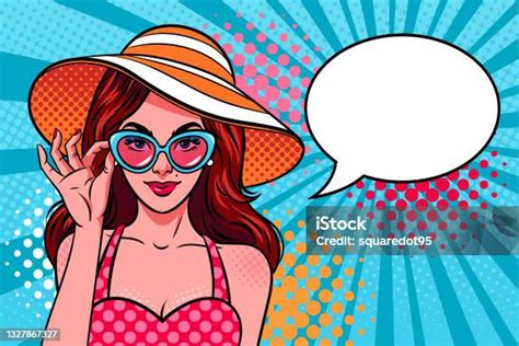 선글라스 선햇 스피치 버블을 입은 여성 코믹 스타일 팝 아트 벡터 일러스트레이션 팝 아트에 대한 스톡 벡터 아트 및 기타 이미지 팝 아트 선글라스 한 명의 여자만