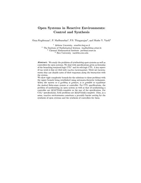 Pdf Open Systems In Reactive Environments Control And Synthesis